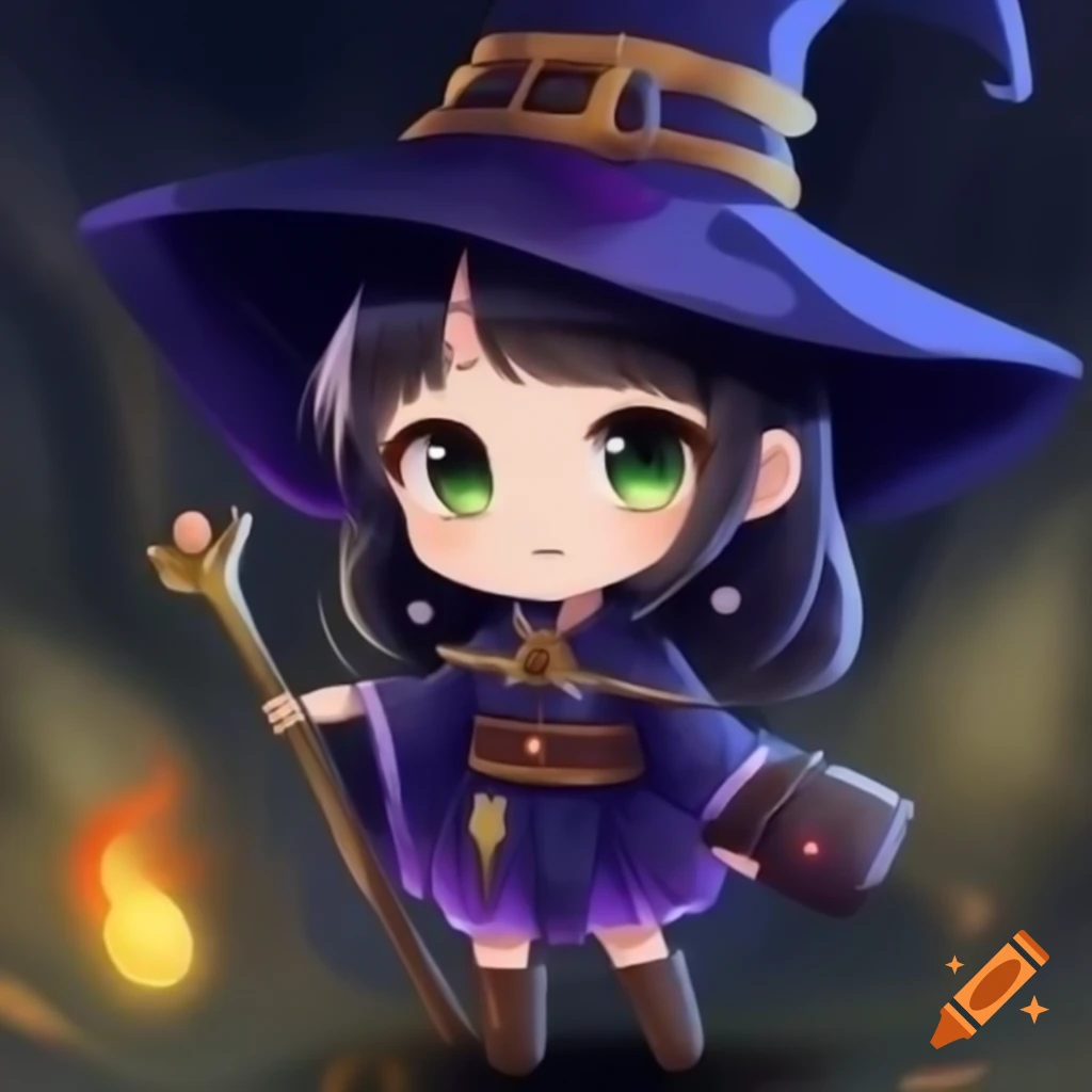 Chibi cute tall wizard witch character in anime style, soft cinematic ...