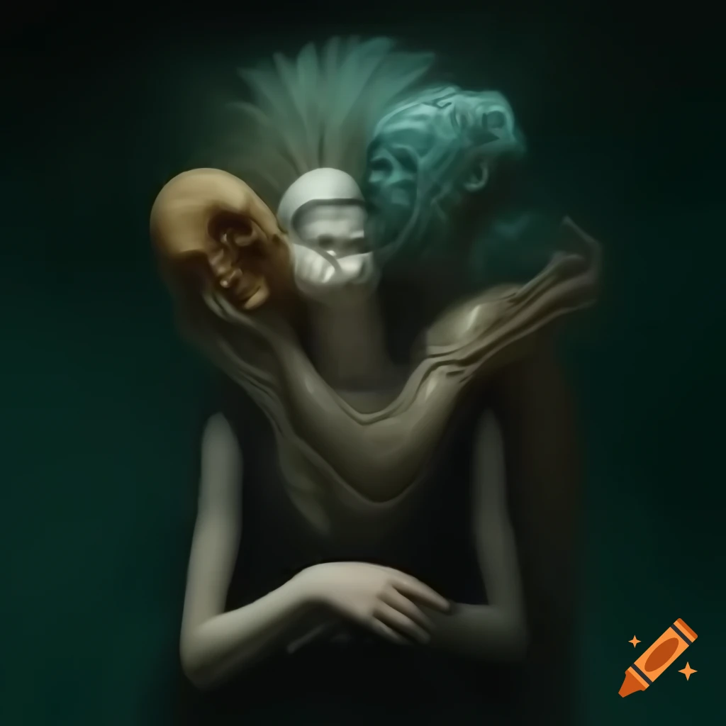 Surreal blend of human and monstrous creature with textures of rot and ...