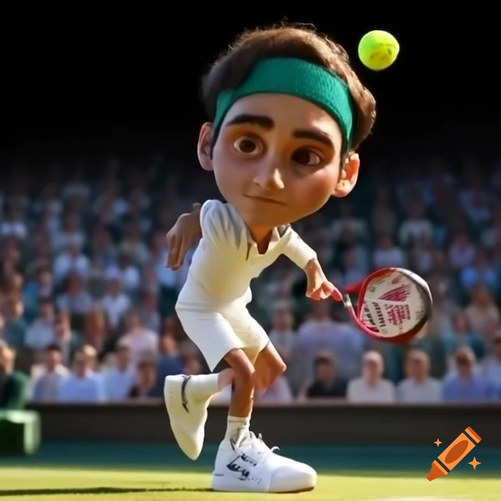 3D Disney Pixar style animation of Roger Federer smashing a tennis ball ...