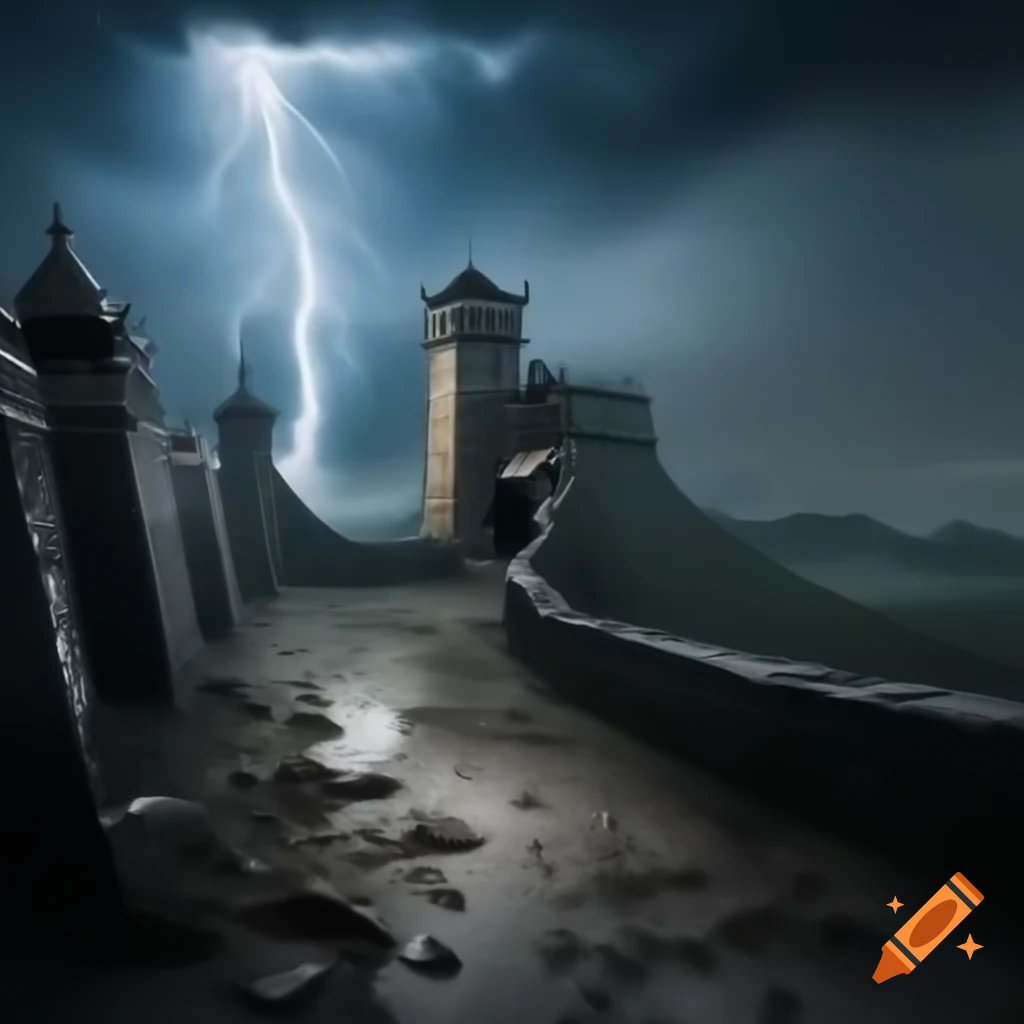 Debris falling into misty space with lightning striking a medieval ...