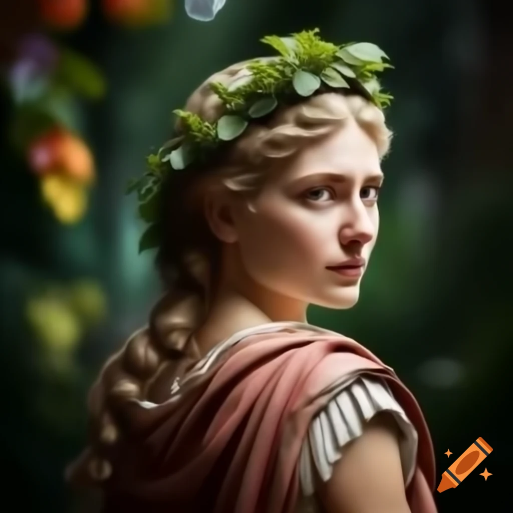 Detailed depiction of Roman woman in lush gardens during Julius Caesar ...