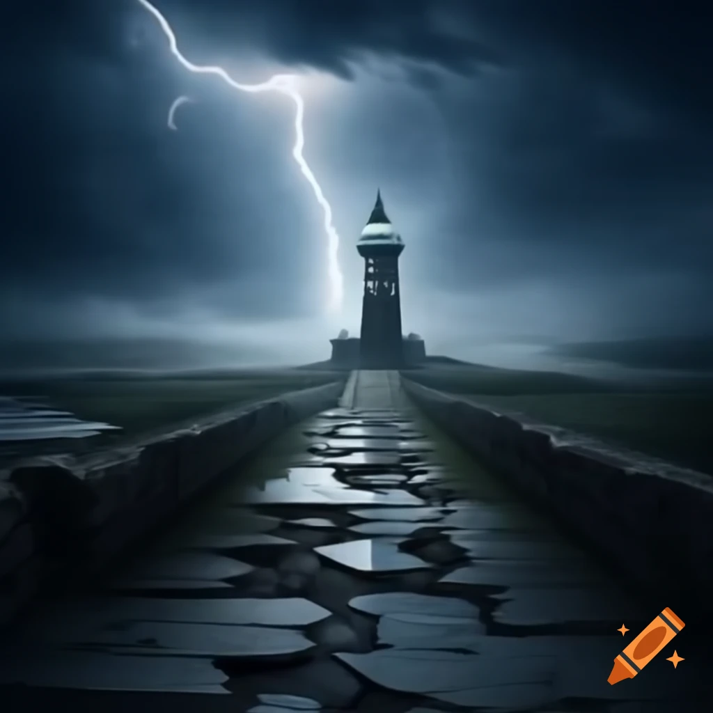 Debris falling into misty space with lightning striking a lighthouse ...