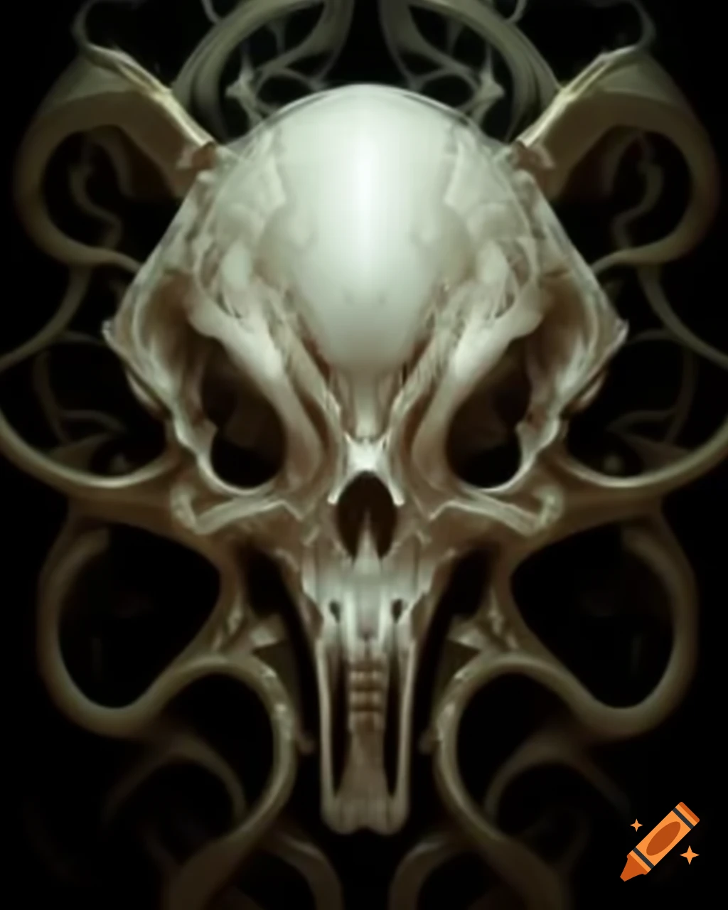 Fractal egyptian biohazard art on alien bone skull on Craiyon