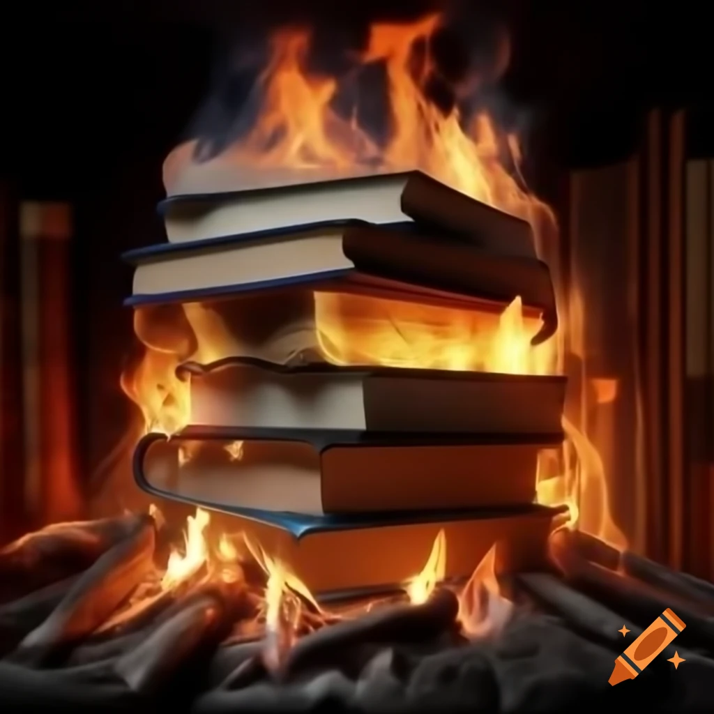 Books engulfed in flames, illustrating destruction and loss on Craiyon