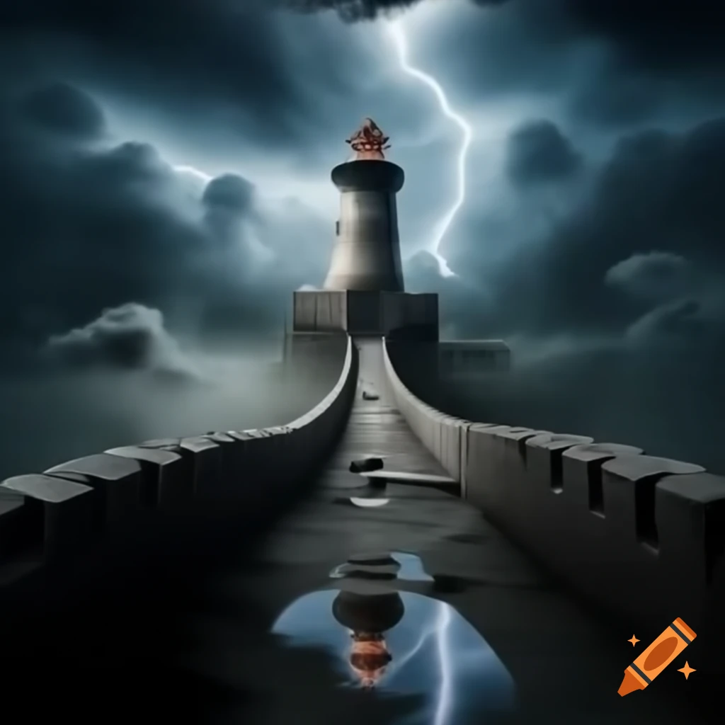 Debris falling into misty space with lightning striking a medieval ...