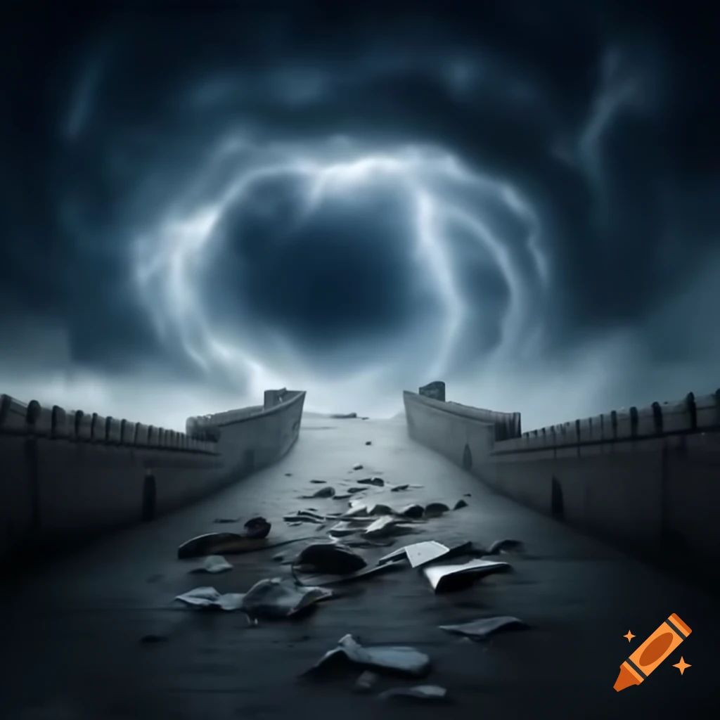 Debris falling into misty space with lightning striking lighthouse ...