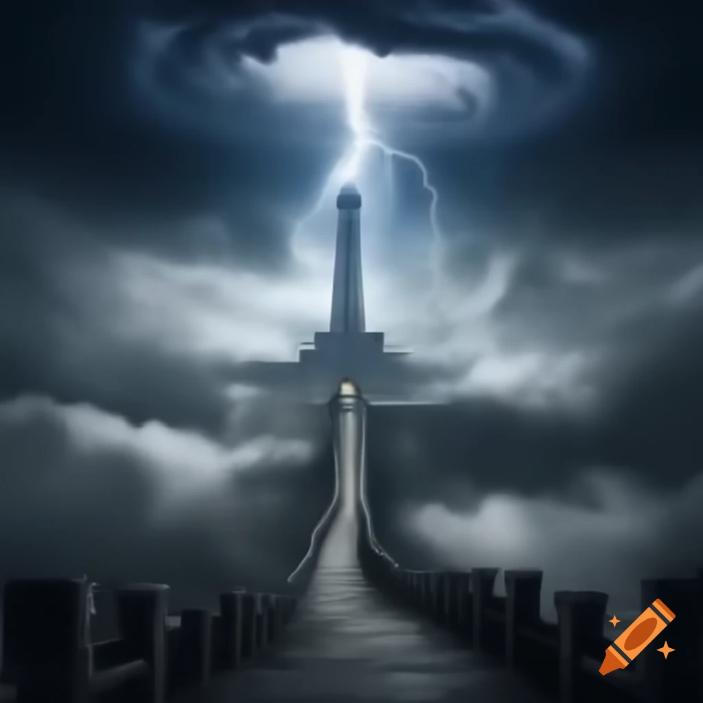 Debris falling into misty space with vortex lightning striking a ...