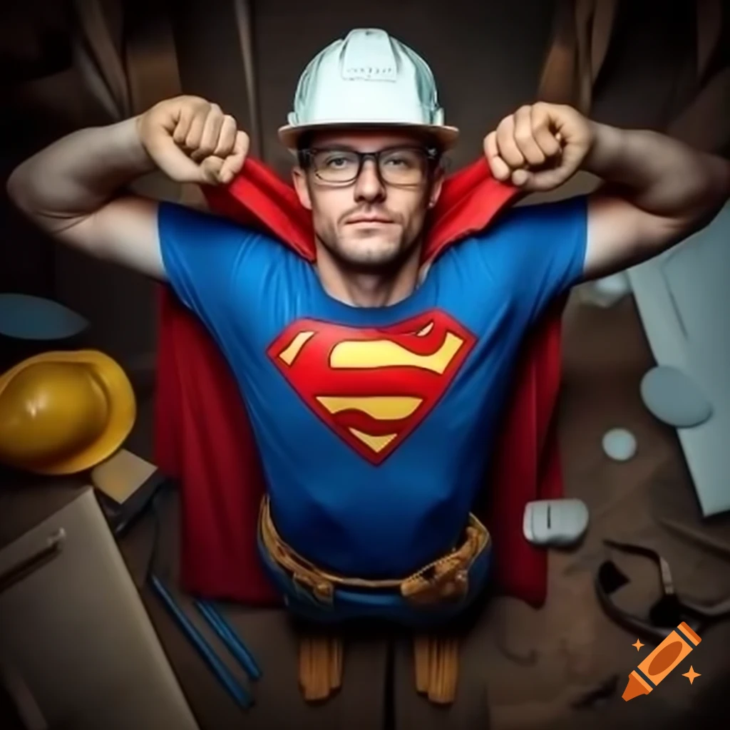 Construction worker in Superman t-shirt with helmet and gloves on Craiyon