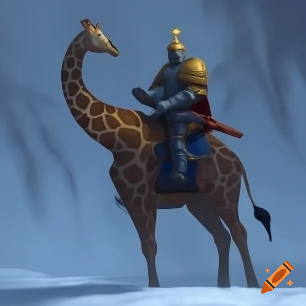 Knight in golden armor riding giraffe through snowstorm on Craiyon