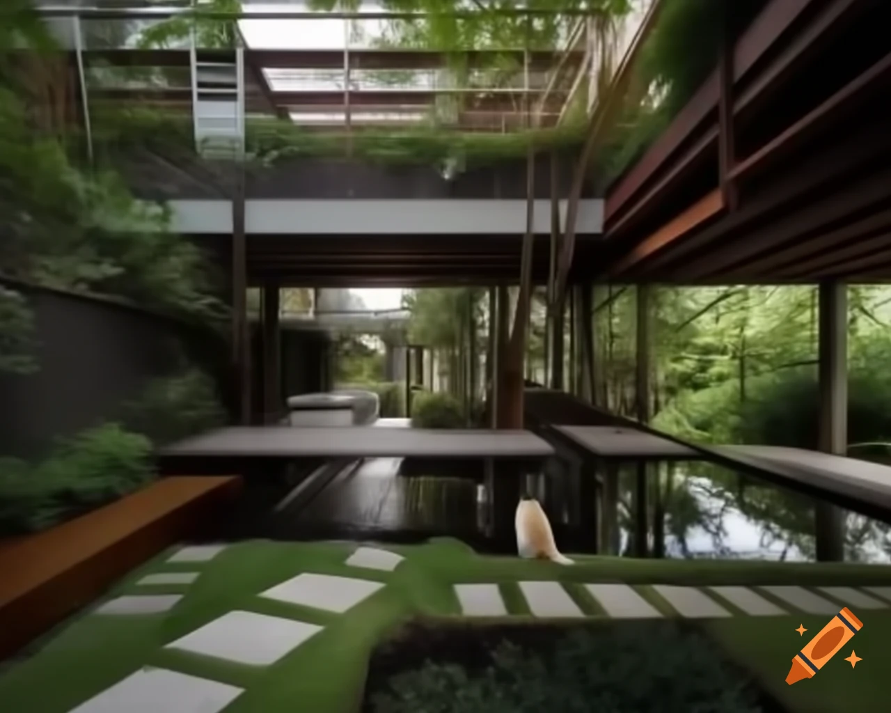 Urban cat shelter with greenery, walkways, and modern architecture on ...