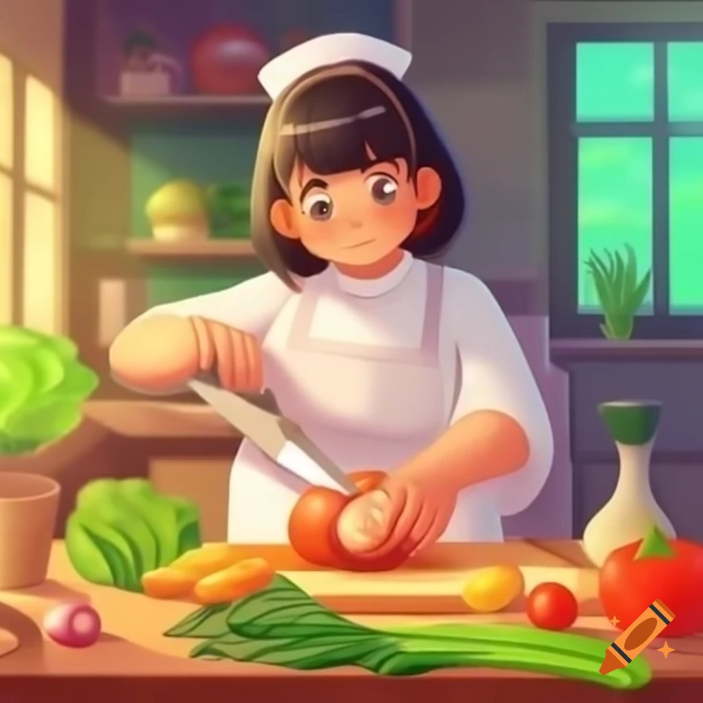 Anime sisters in kitchen preparing vegetables with smiles on Craiyon