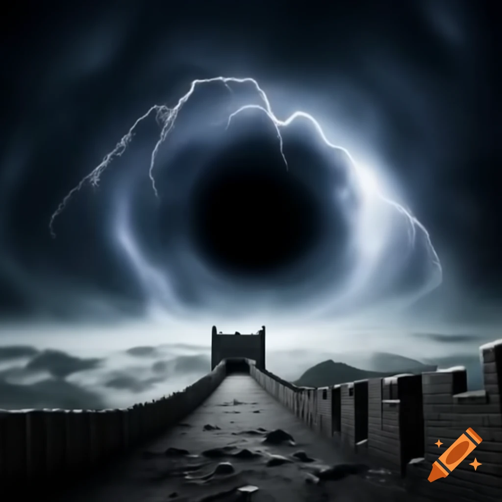 Debris falling into misty space with lightning striking lighthouse ...