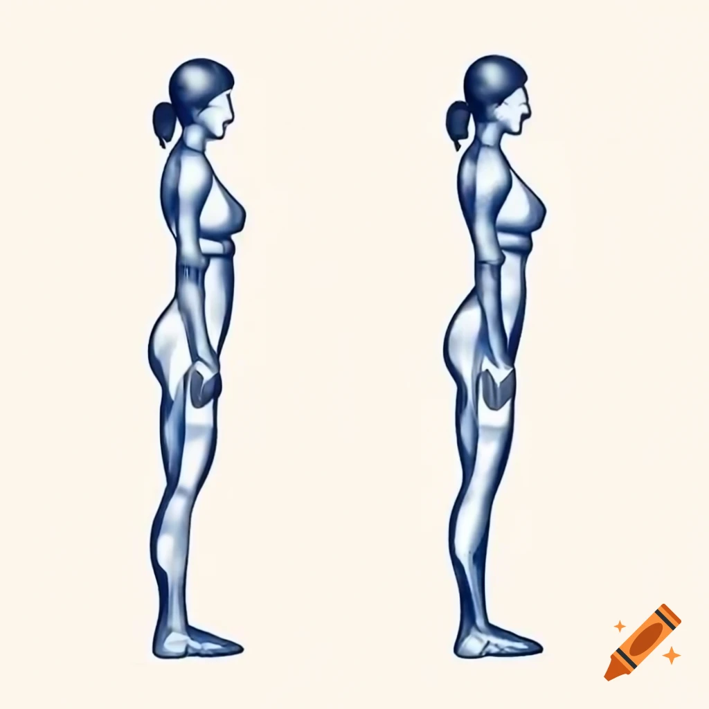 Woman in neutral posture with knees bent and arms by pelvis on Craiyon