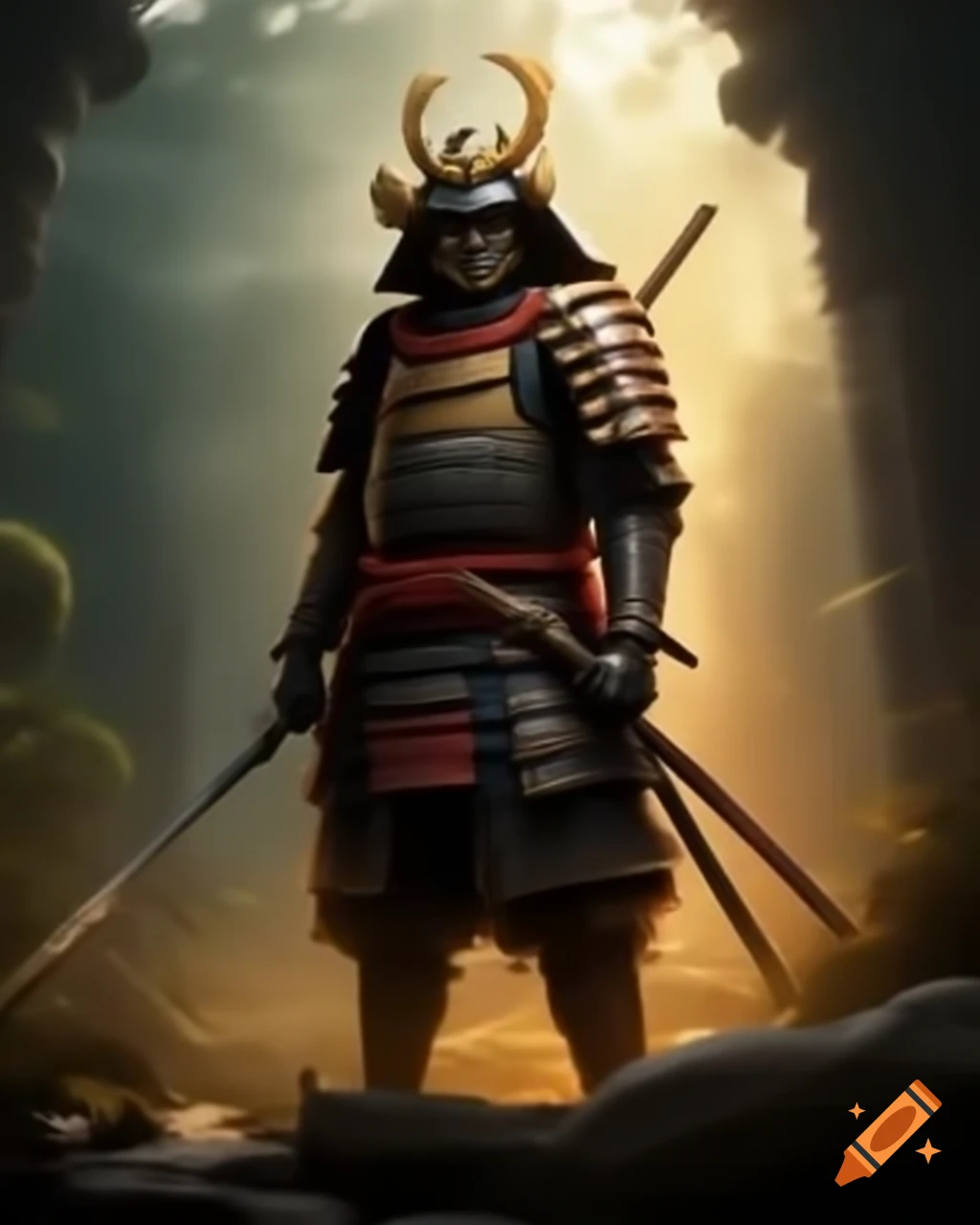 Fearless samurai in shining armor with intense gaze on Craiyon
