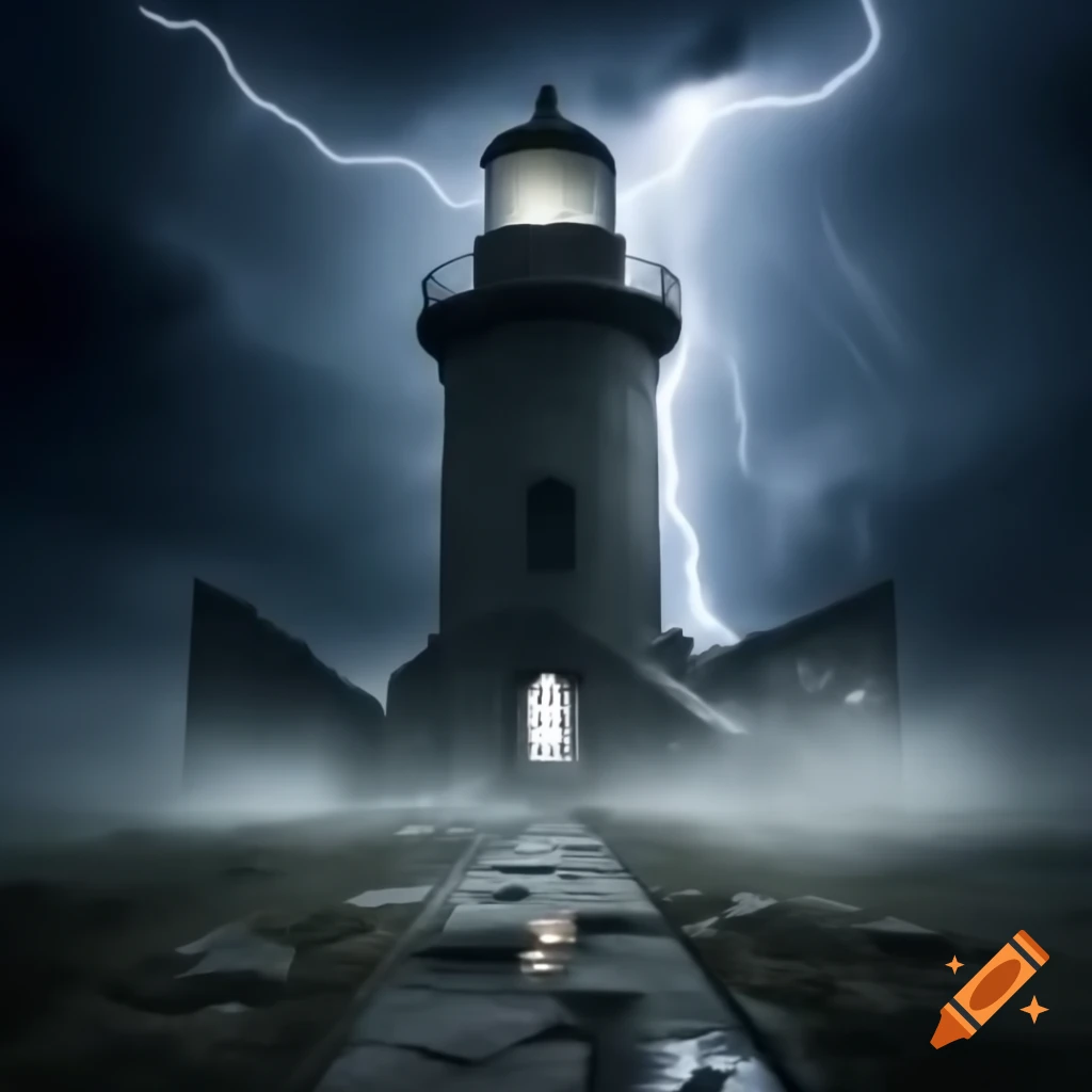 Debris falling into misty space with lightning striking a lighthouse ...