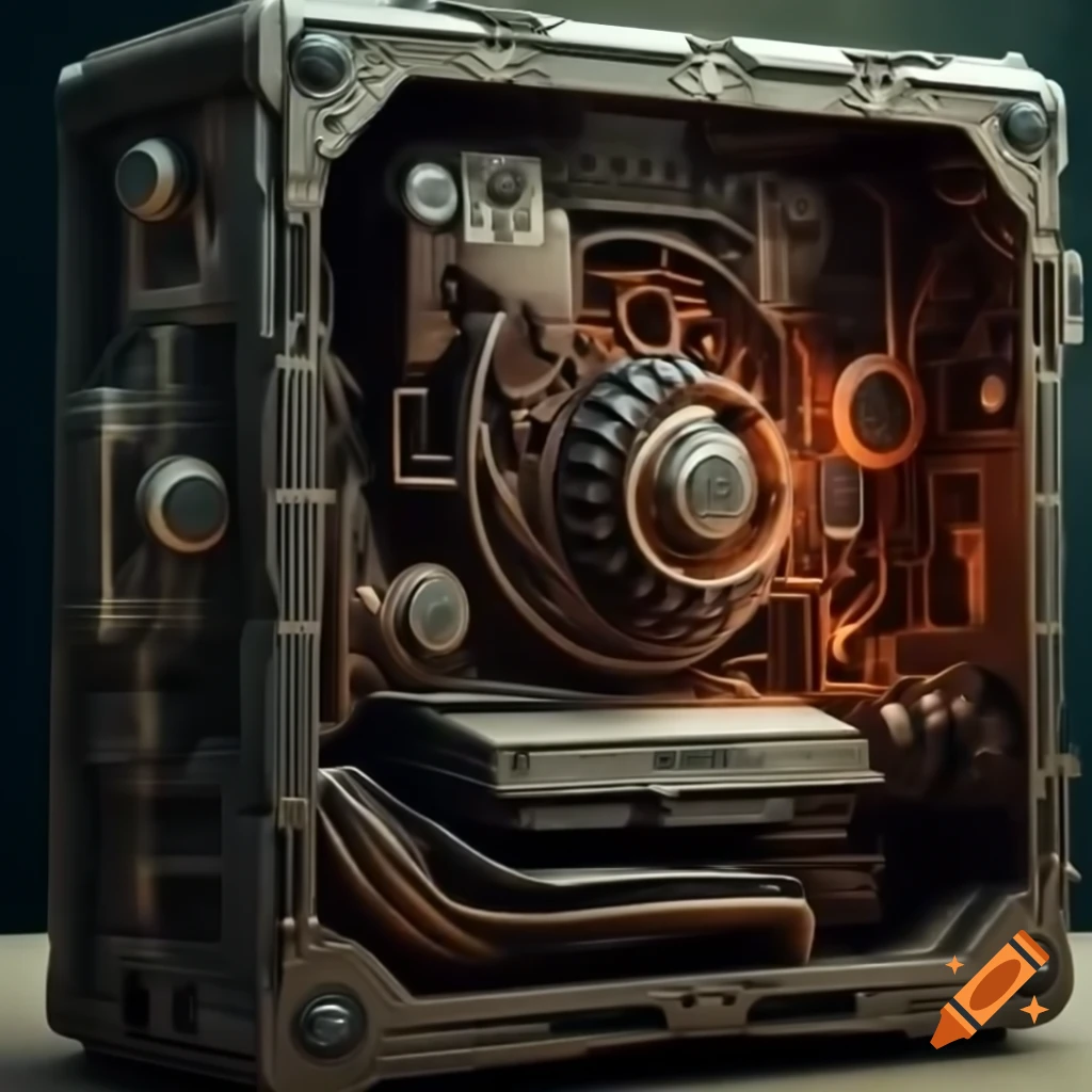 Steampunk style computer case internals with steam engines and gears in ...