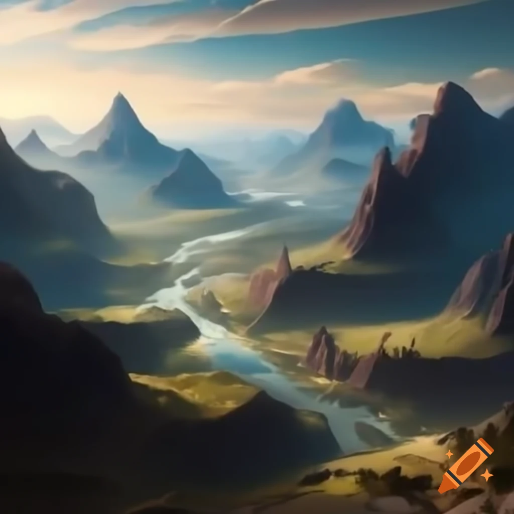 Panoramic view of rugged mountains, rivers, and wilderness at sunrise ...