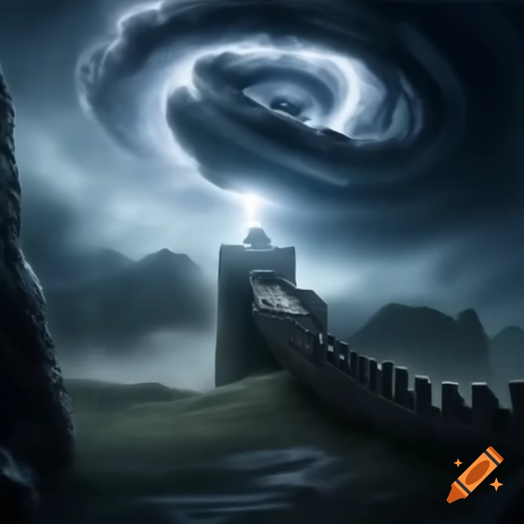 Debris falling into misty space with lightning striking lighthouse ...