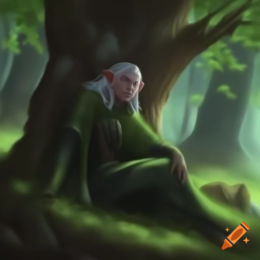 Mystic elf in forest green cloak resting under ancient tree on Craiyon