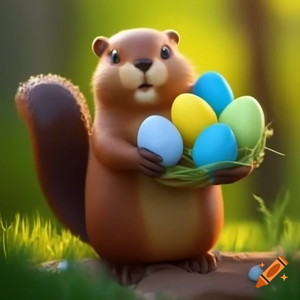 Painted beaver resembling Easter bunny carrying blue and yellow eggs on ...