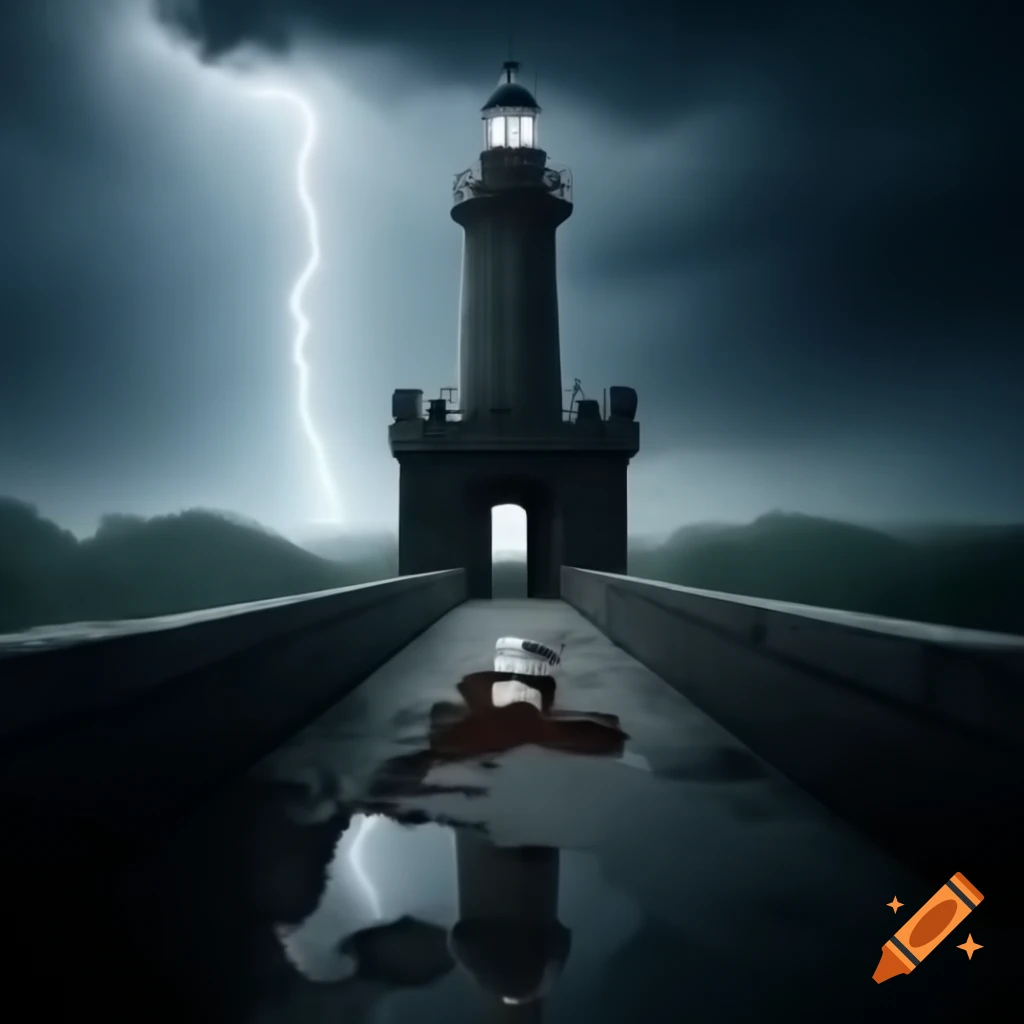 Debris falling into misty space with lightning striking a medieval ...