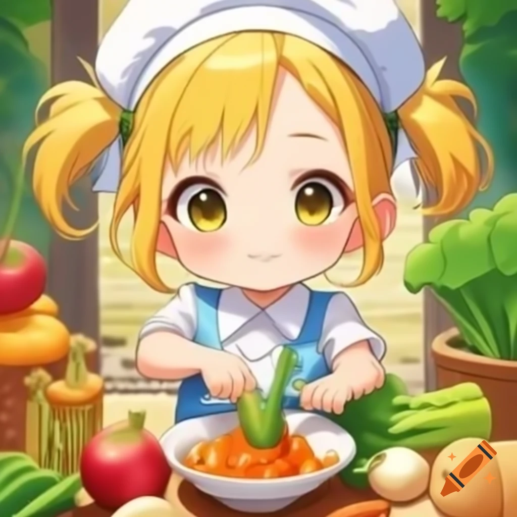 Anime sisters in kitchen preparing vegetables with smiles on Craiyon