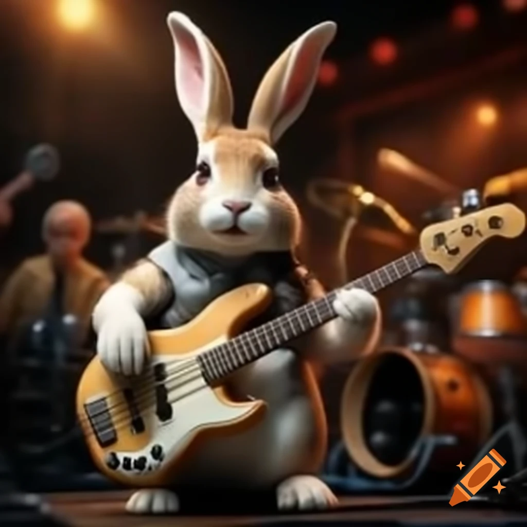 Realistic brown and white rabbit playing bass guitar at concert with ...
