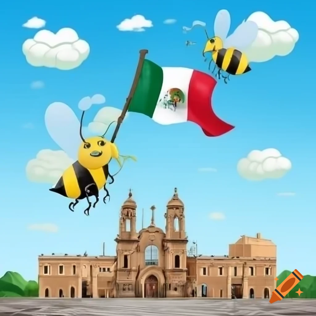 Cartoon bee holding mexican flag flying over zócalo with metropolitan ...