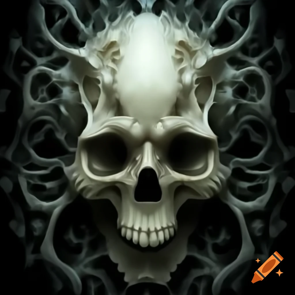 Fractal biohazard art on alien bone skull on Craiyon