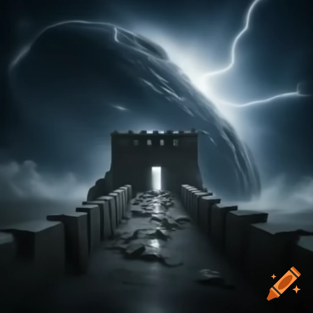 Debris falling into misty space with lightning striking lighthouse ...