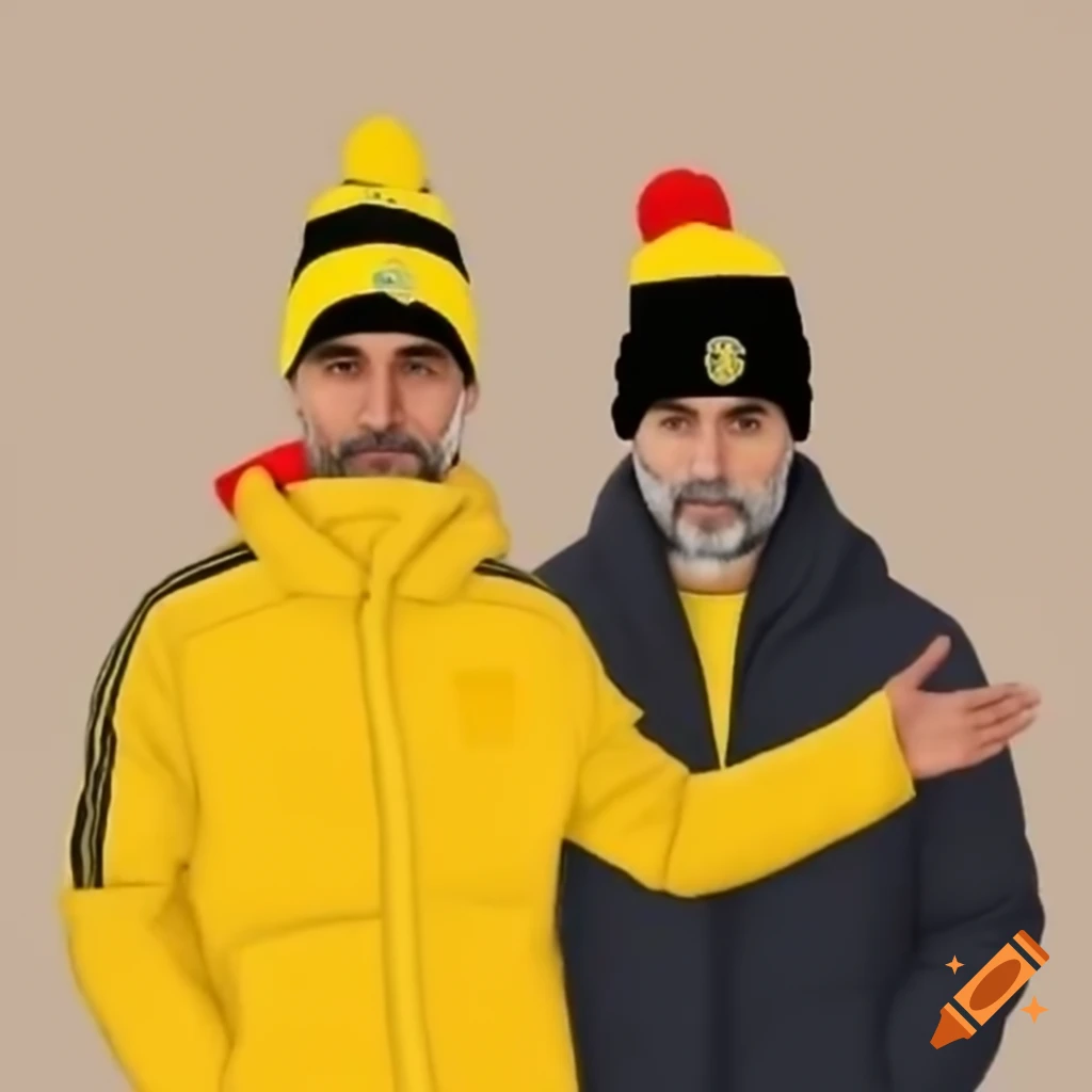 Pep Guardiola and Jose Mourinho in yellow and black hats and jackets on ...