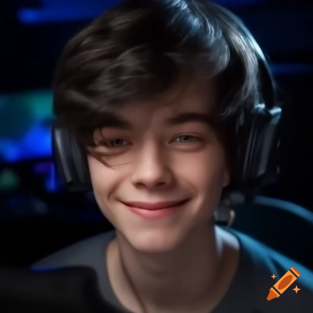 Happy American male gamer in high-tech gaming bedroom taking notes on ...