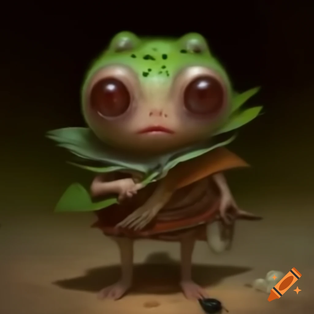 Surreal tiny tribal humanoid creature with frog-like features in tribal ...