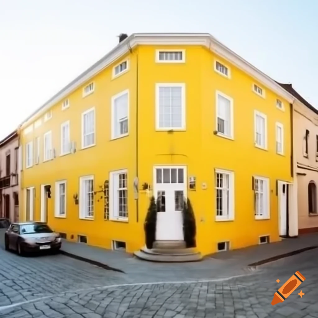Vibrant yellow hostel with white windows on cobblestone street, taxi ...