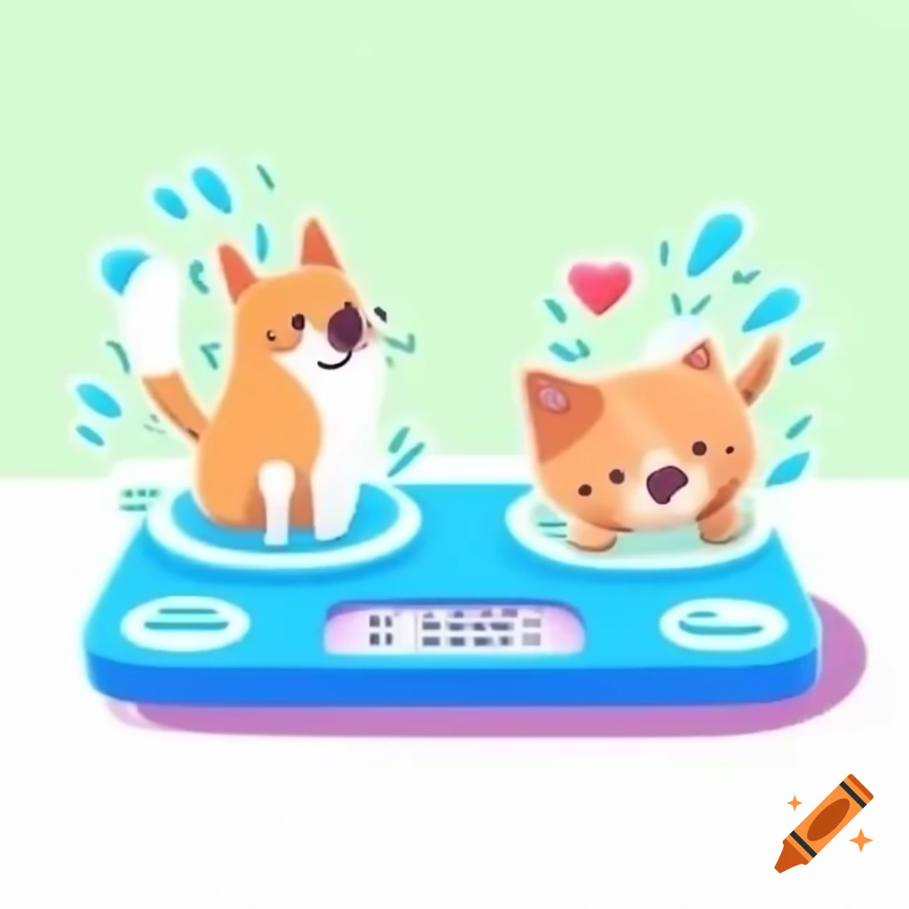 Cute anime-style design of dog and cat on a scale for pet weight ...