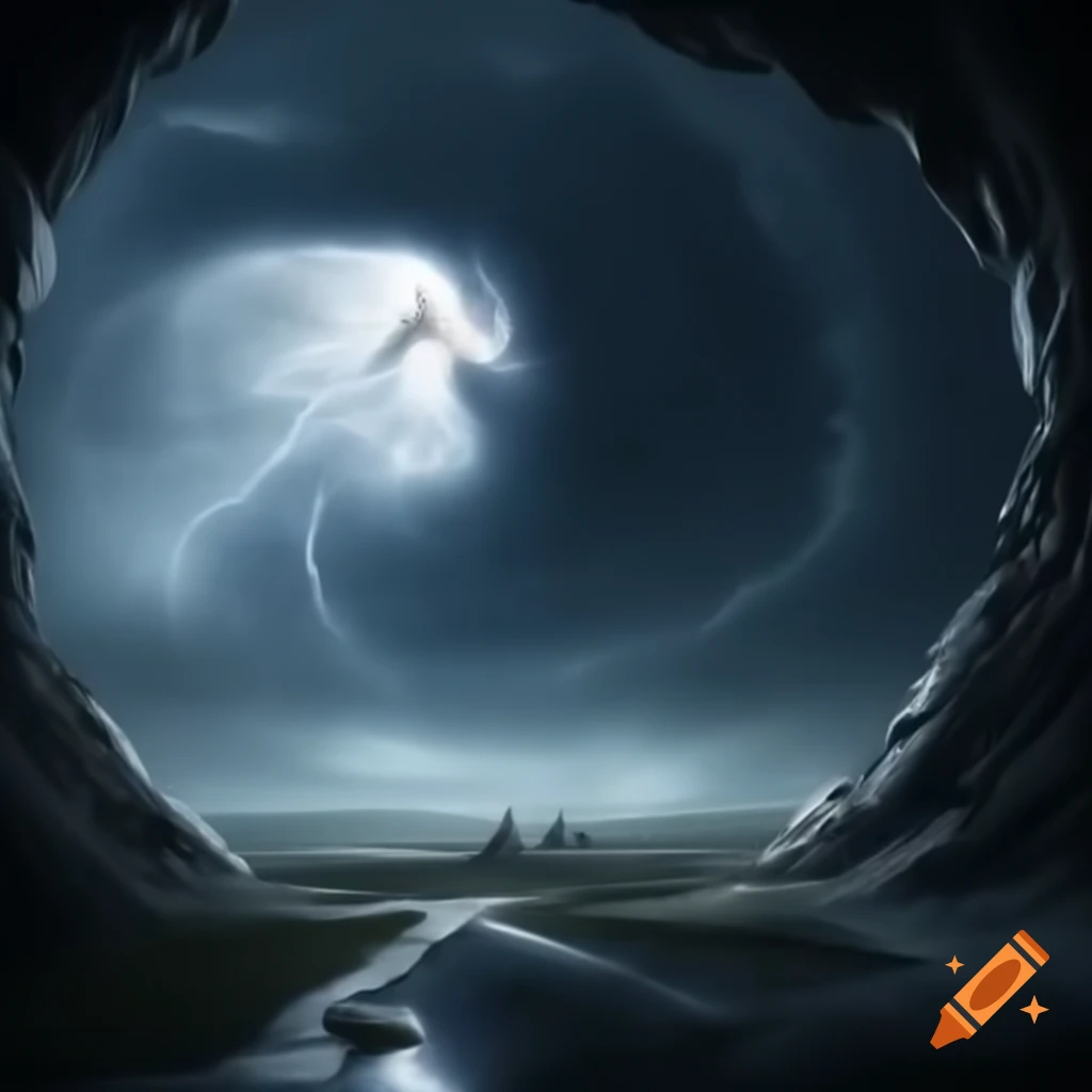 Debris falling into misty space with lightning striking lighthouse ...