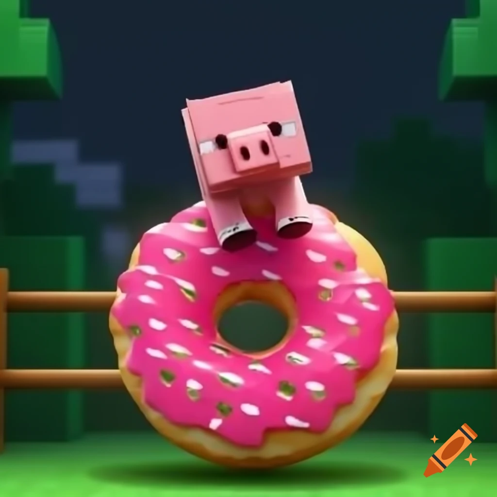 Minecraft pig jumping through pink strawberry ring donut on Craiyon