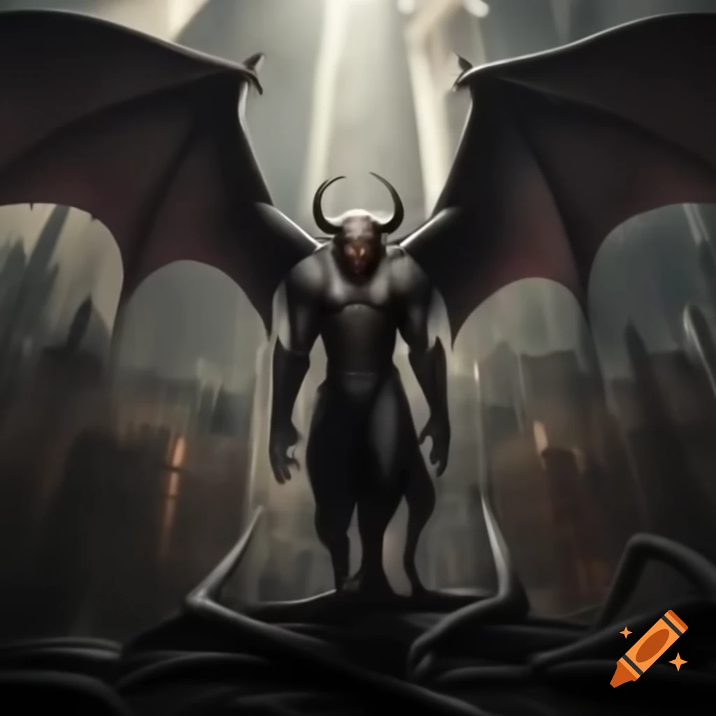 Gates of medieval city with a tall devil figure and distant human forms ...