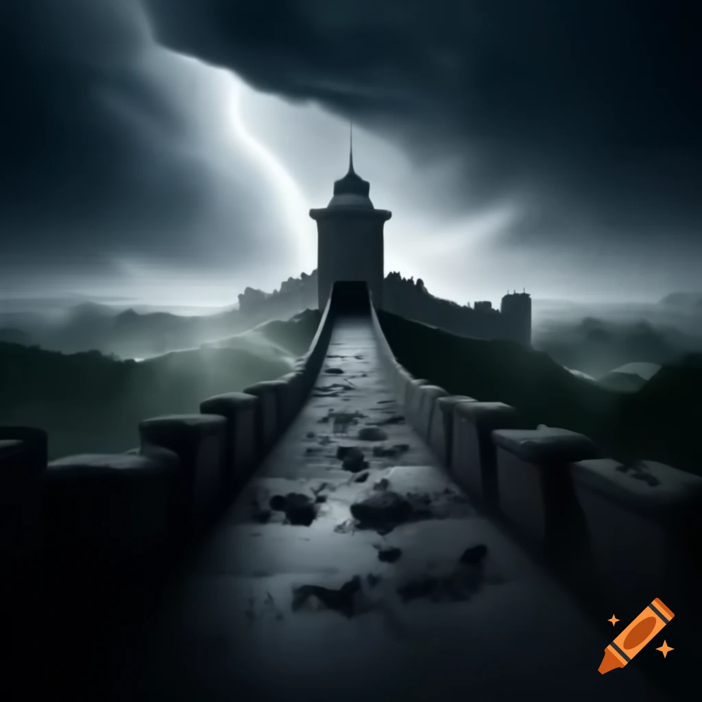 Debris falling into misty space with lightning striking a medieval ...