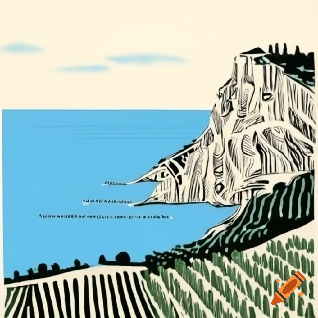 1960s marseille linocut of mediterranean cliffs and vineyards on Craiyon