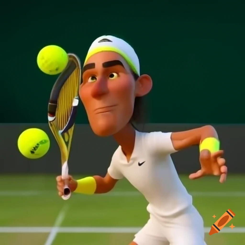 3D Pixar-style animation of Rafael Nadal hitting a tennis ball at ...
