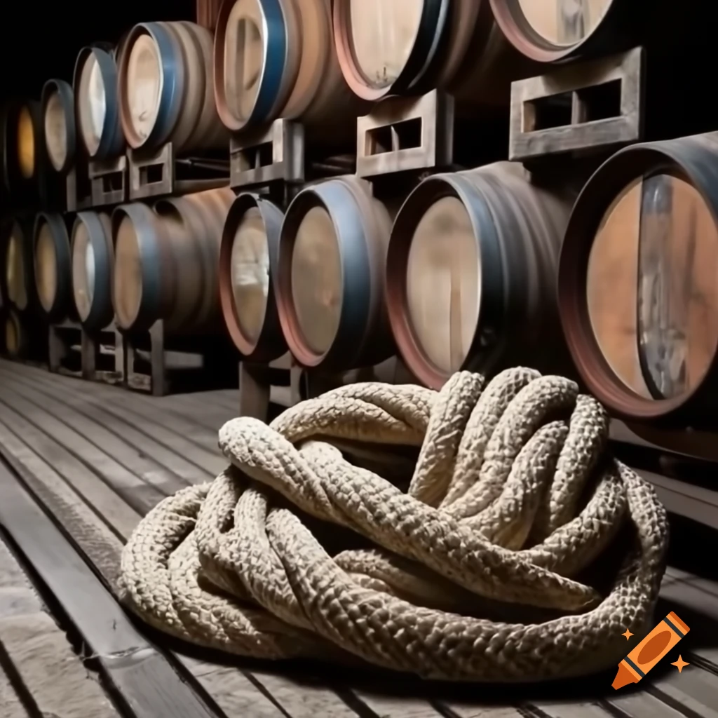 Weathered rope on rustic dock surrounded by barrels and crates on Craiyon