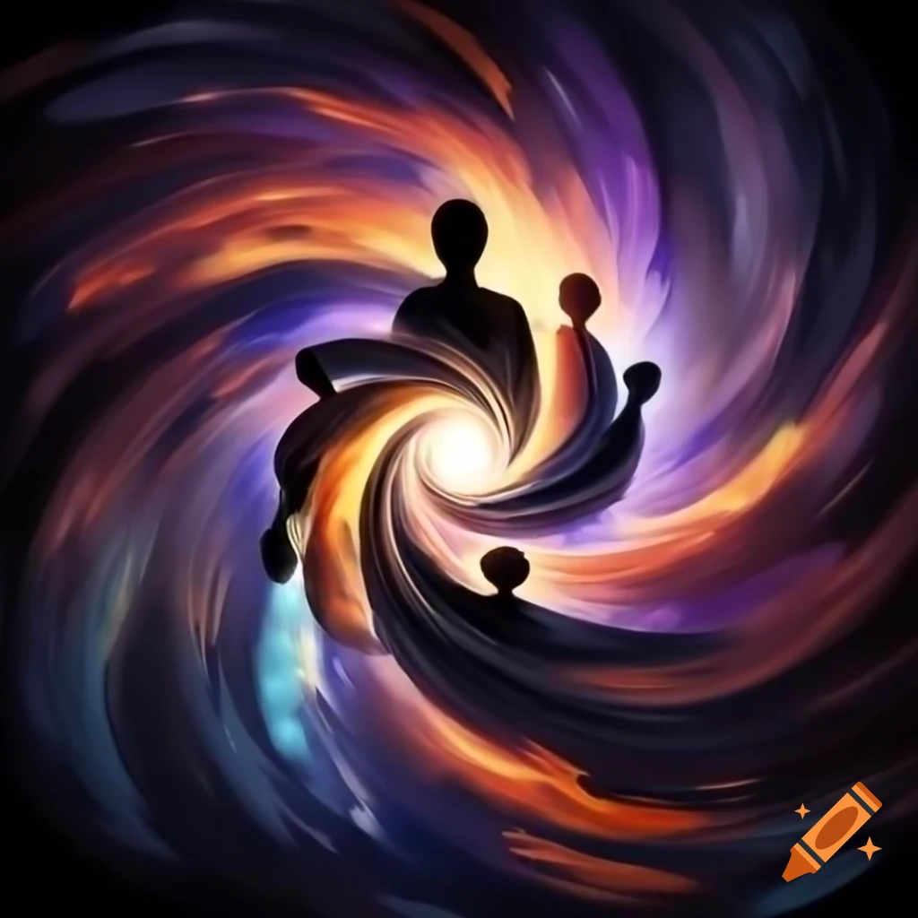 Celestial energy radiating from petal-like figures in vibrant vortex ...