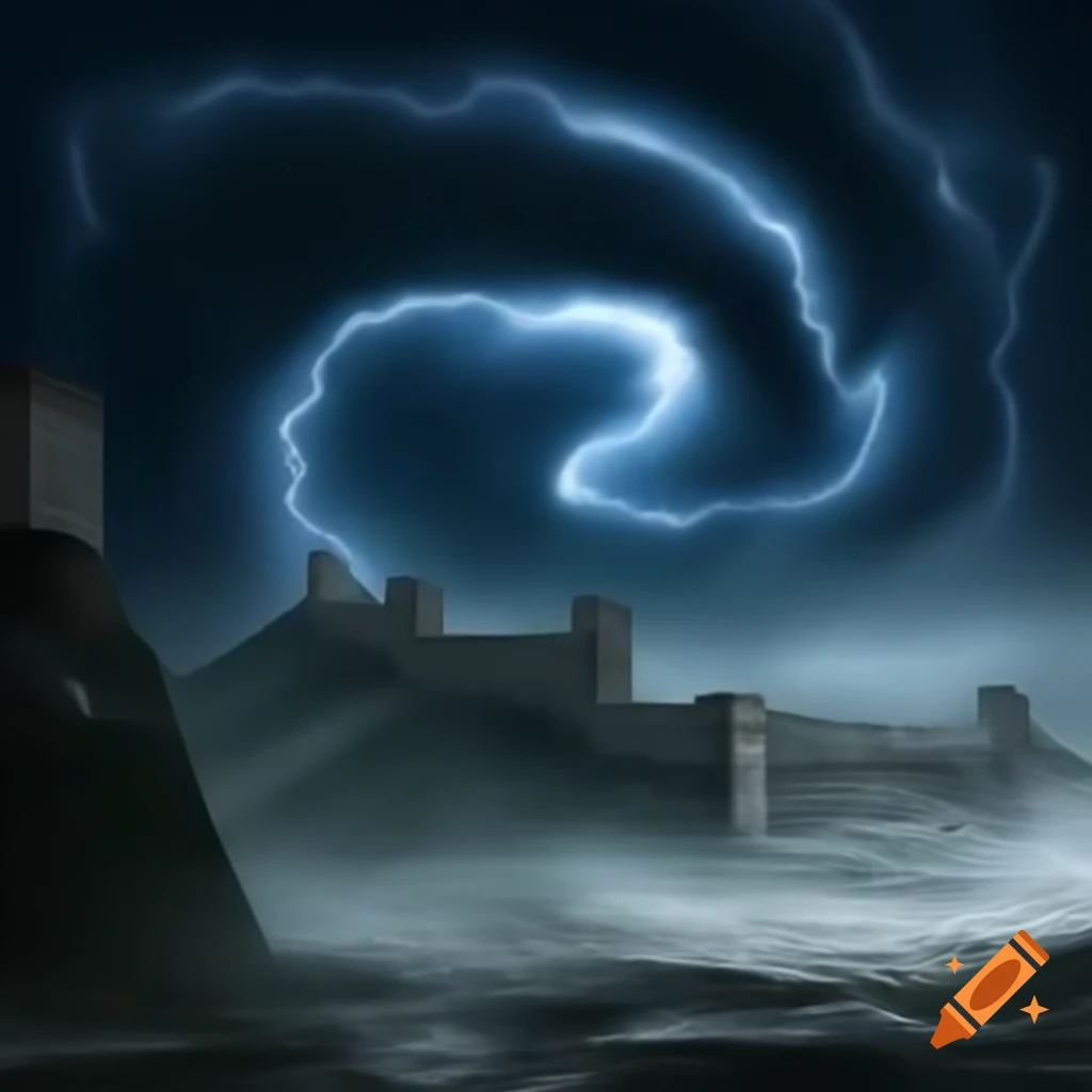 Debris falling into misty space with lightning striking lighthouse ...