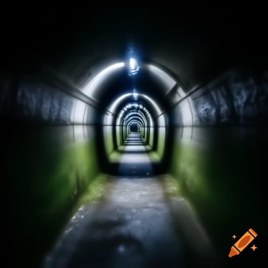 Endless dark sewer tunnel with damp walls and pools of water on Craiyon