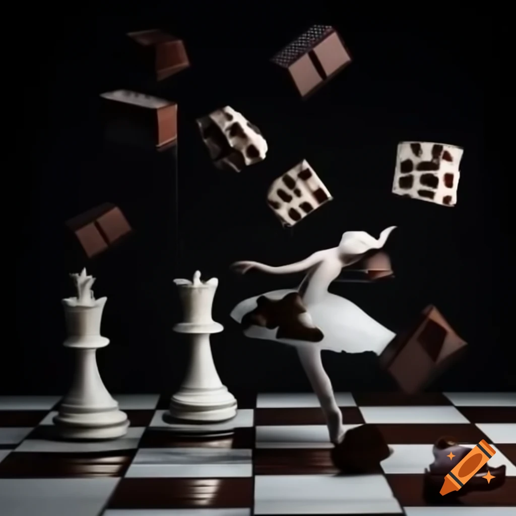 Whimsical scene of black and white chess pieces dancing above chocolate ...