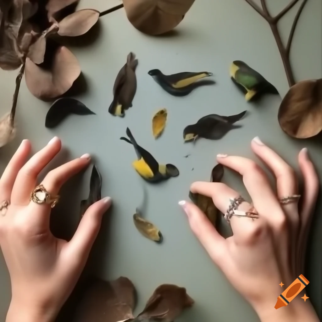 Hands crafting epoxy resin jewelry shaped like birds, leaves, and twigs ...