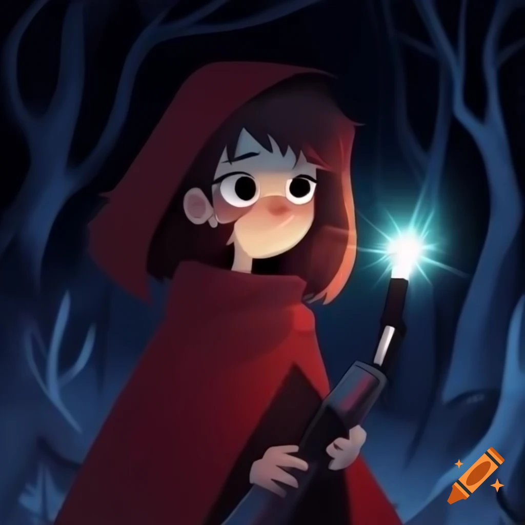 Anime woman in red cloak with flashlight in eerie forest at night ...