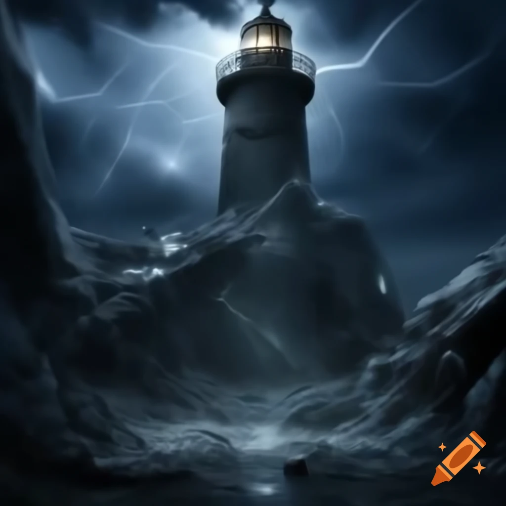Debris falling into misty space with lightning striking a lighthouse ...