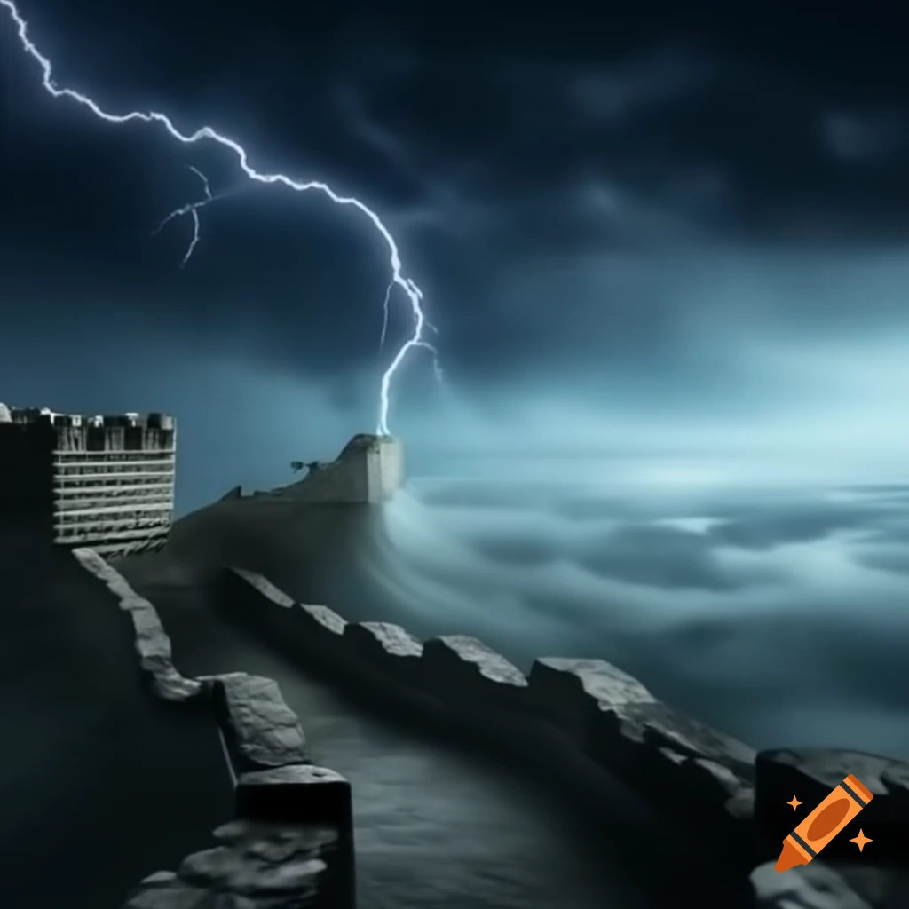 Debris falling into misty space with lightning striking lighthouse ...